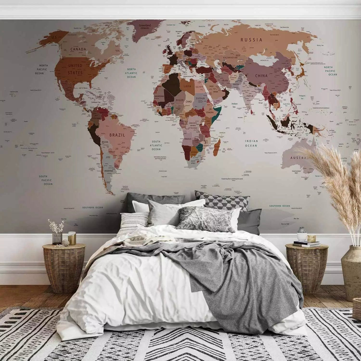 Wall Murals with world map in neutral colors in English, buy ...