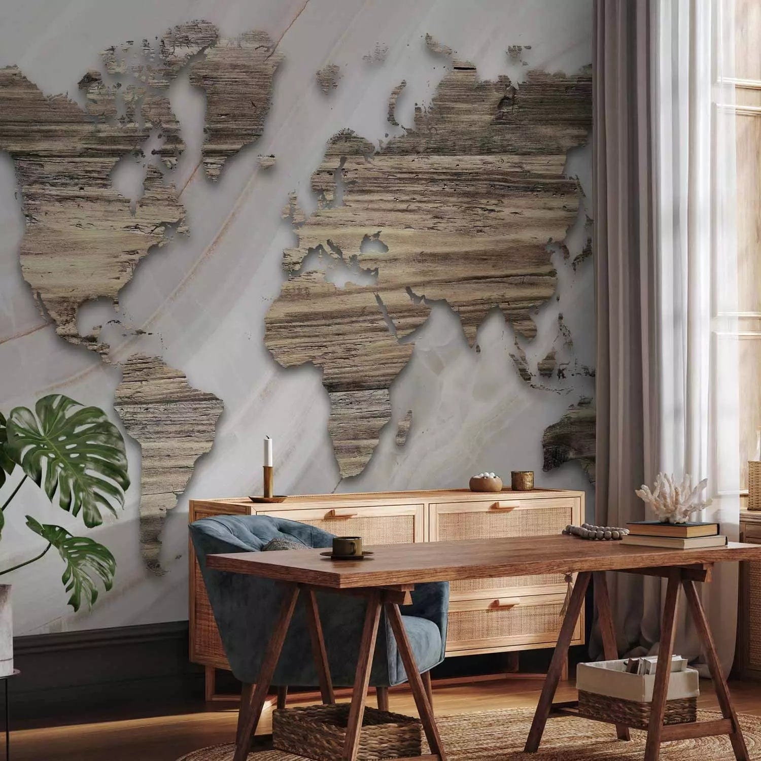 Wall Murals - Marble map - outlines of continents with wood texture ...
