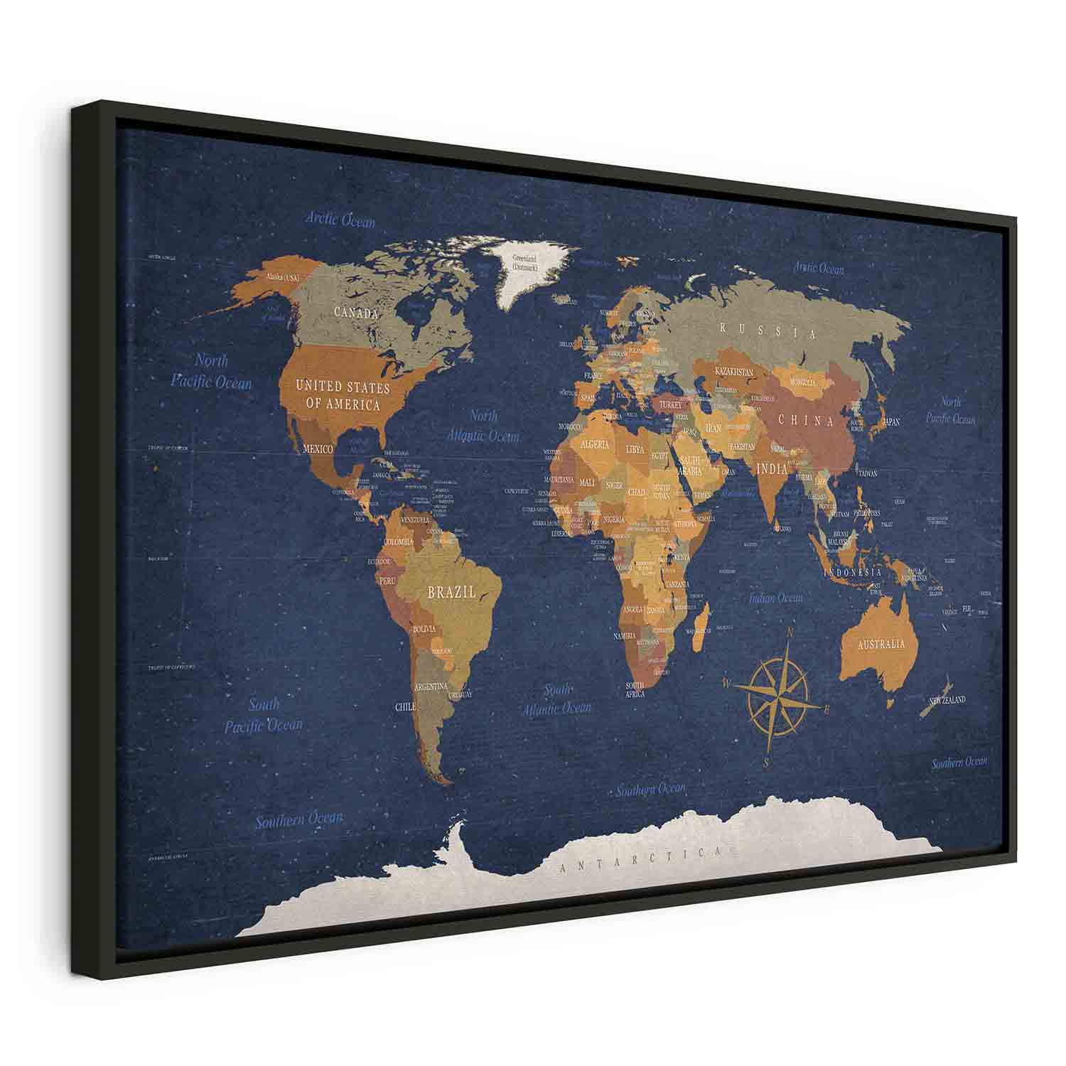 Painting in Black Wood Frame - World Map: Dark Ocean, 90x60 cm ...